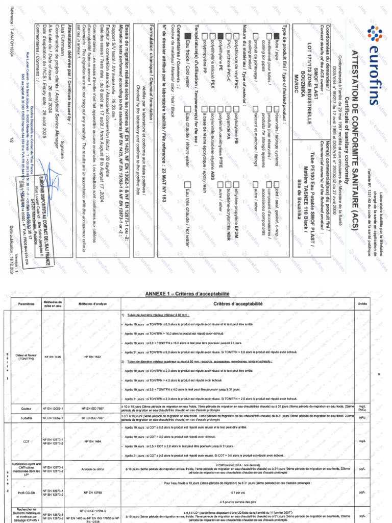 ACS Eurofins France Polyéthylène PE 100 SICDA PDF | PDF