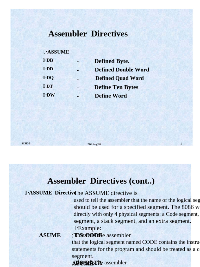 Assembler Directives: - Defined Byte. - Define Ten Bytes | PDF