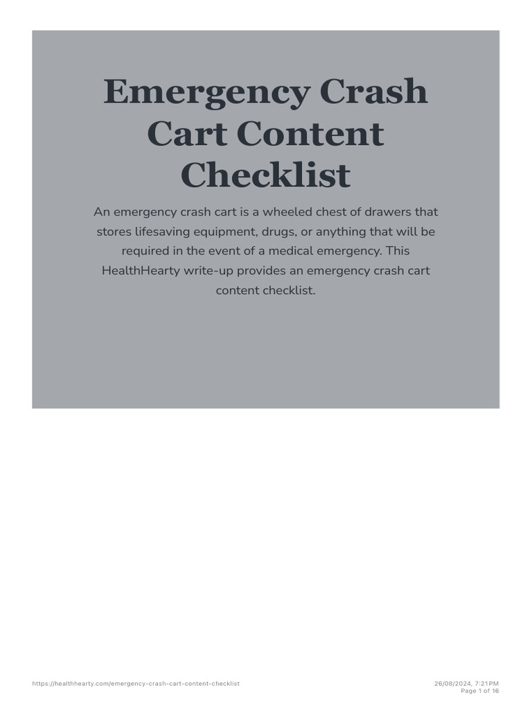 Emergency Crash Cart Content Checklist - Health Hearty | PDF