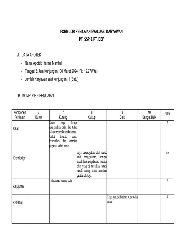 Form Penilaian Mystry Guest Dan Evaluasi Ifarma Mambal | PDF
