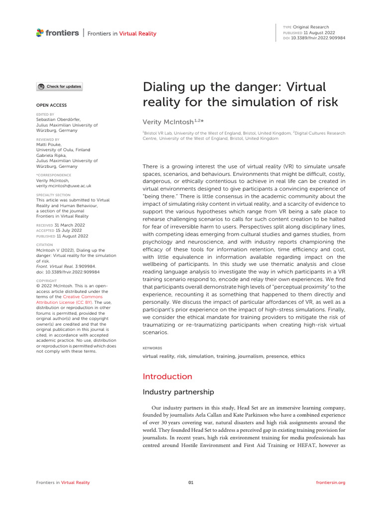 Dialing Up The Danger Virtual Reality For The Simulation of Risk | PDF