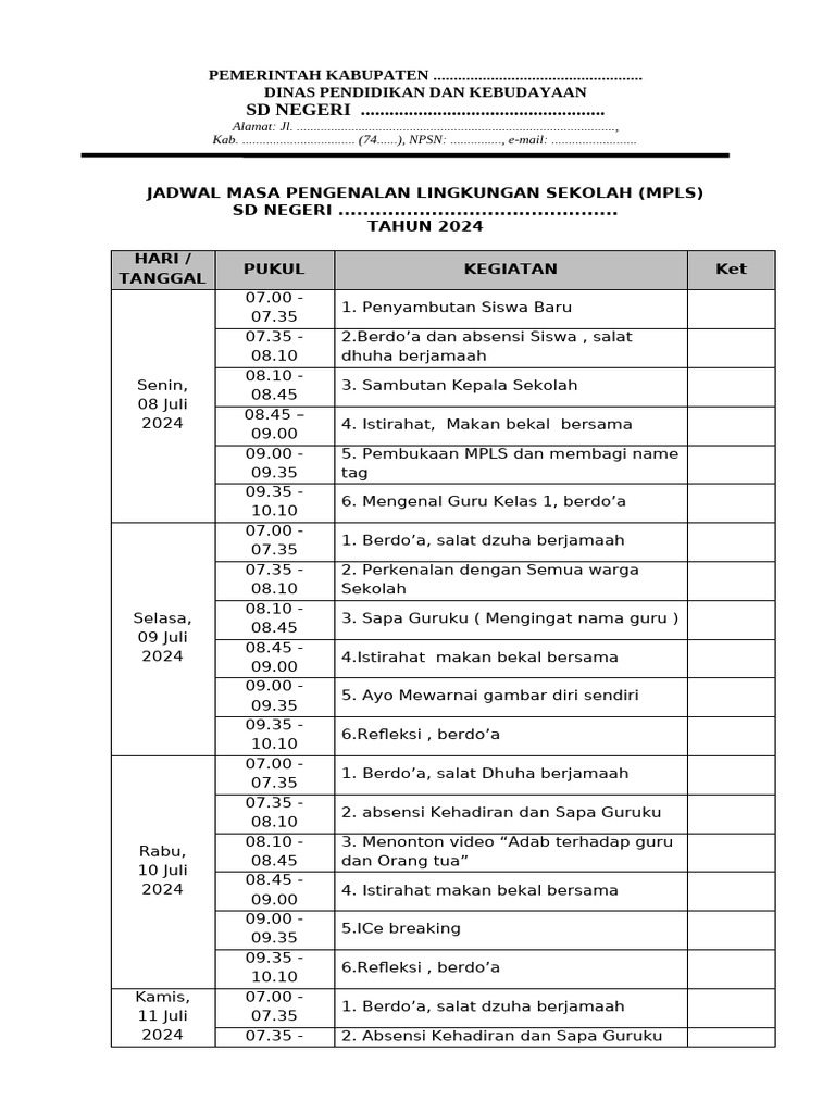Contoh Jadwal MPLS SD | PDF