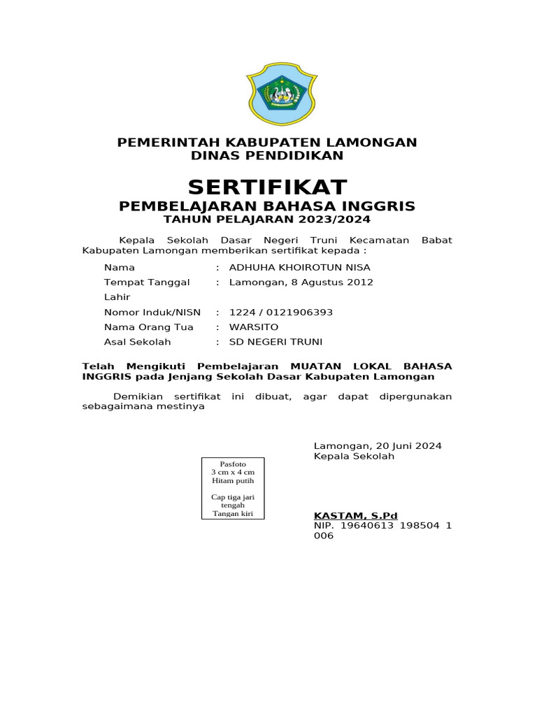 Hal. Depan Sertifikat Pembelajaran Bahasa Inggris 2024 | PDF