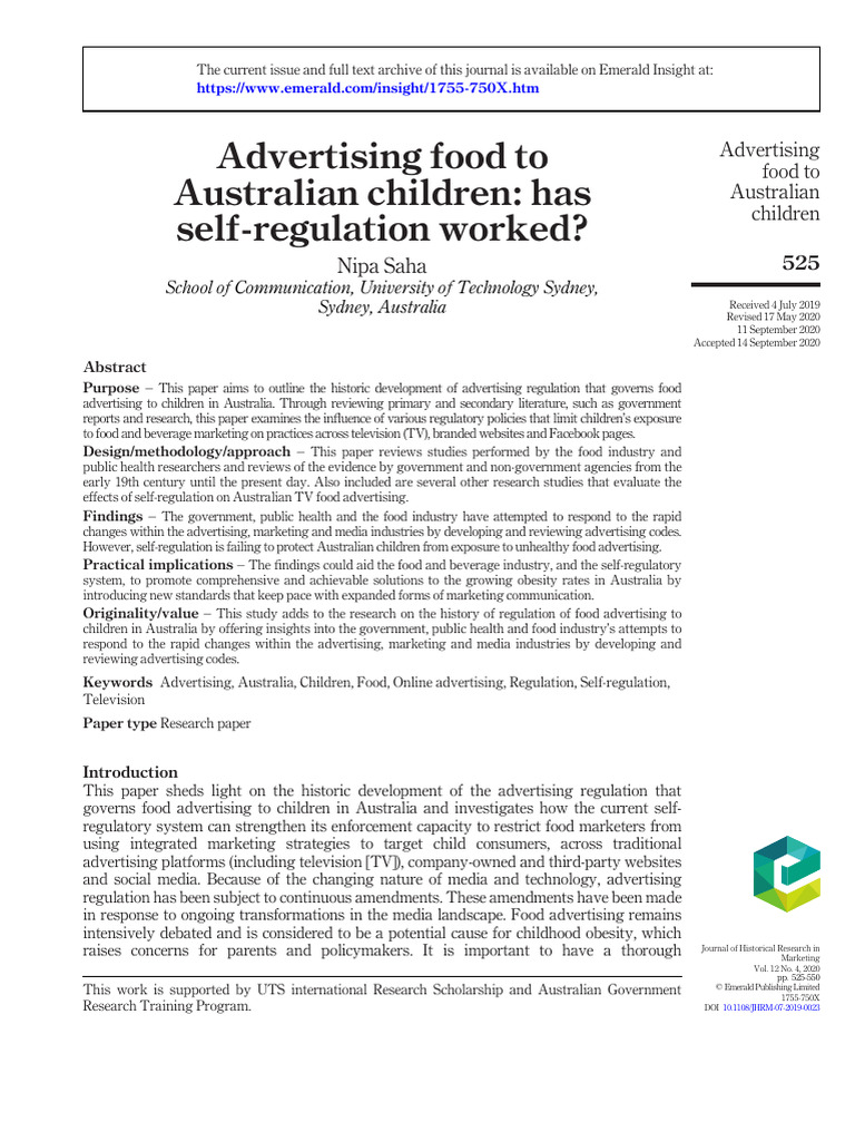 Advertising Food To Australian Children - Has Self-Regulation Worked | PDF