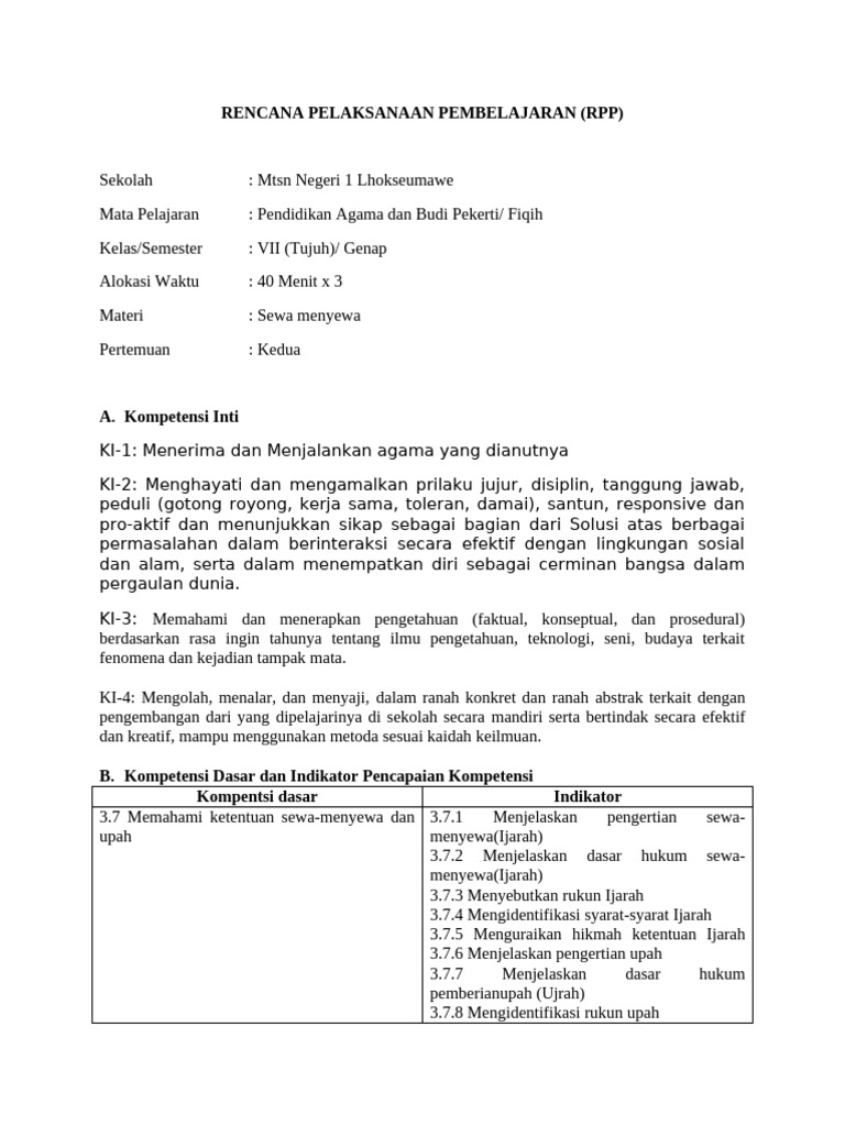 Rencana Pelaksanaan Pembelajaran (RPP) | PDF