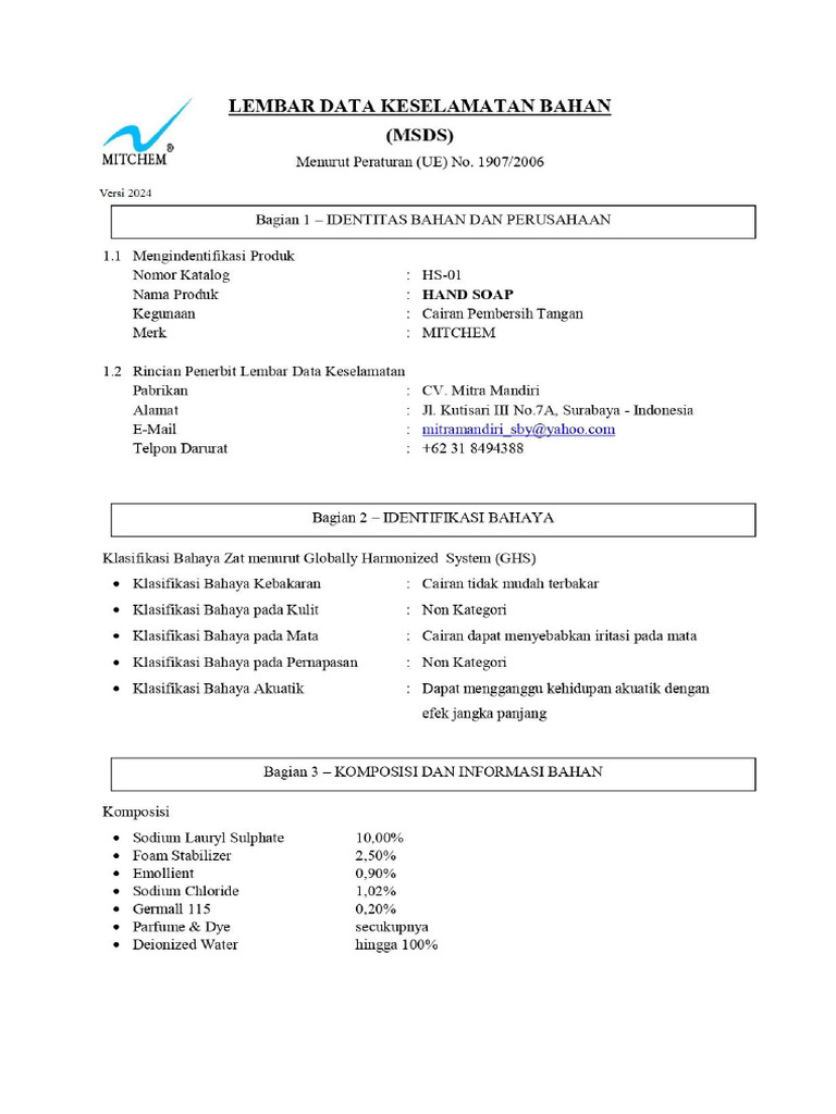 MSDS Hand Soap MITCHEM 2024vr | PDF
