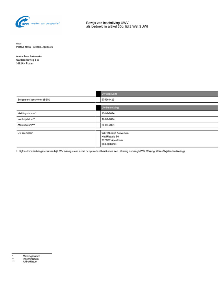 Bewijs Van Inschrijving | PDF