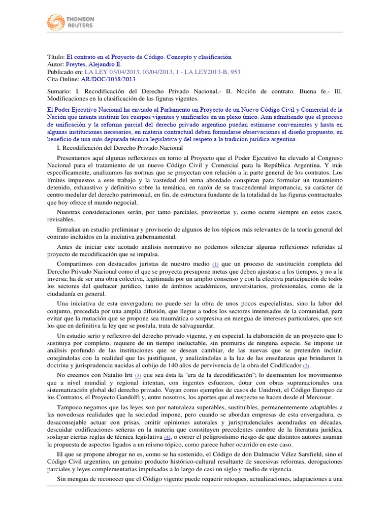 El Contrato en El Proyecto de Código. Concepto y Clasificación ...