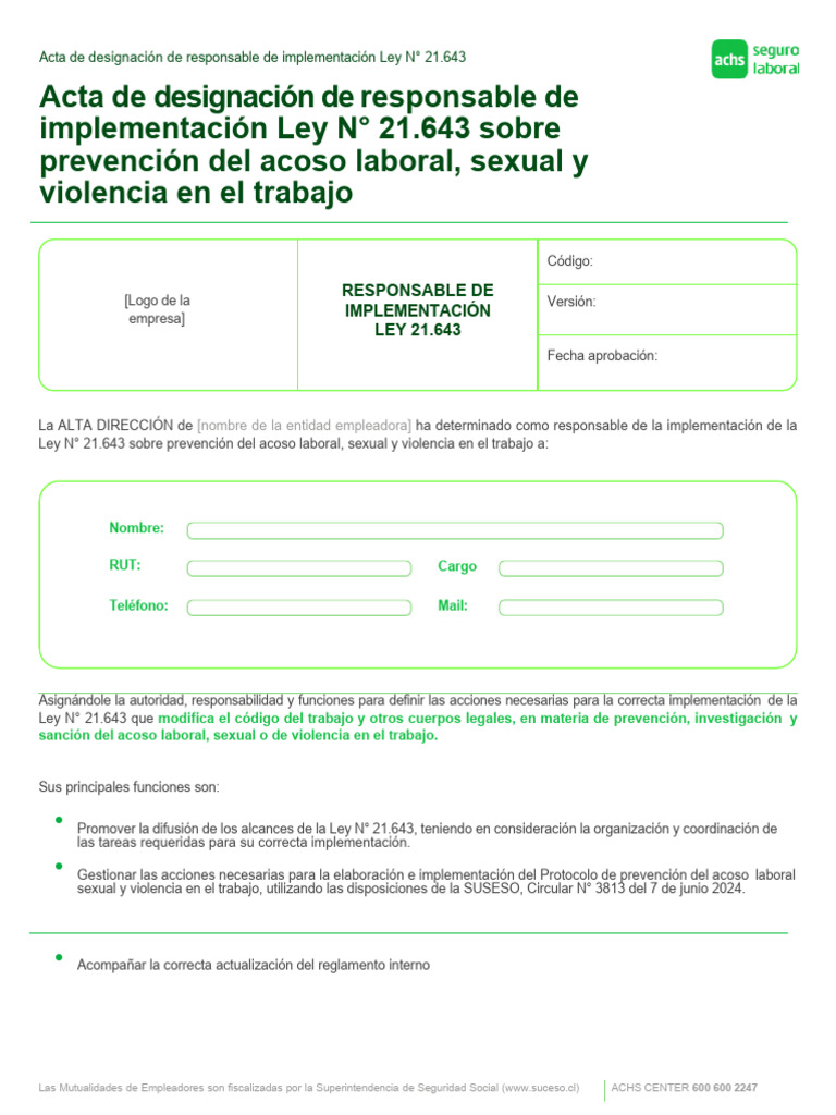 Acta de Designación de Responsabledeimplementación Ley #21.643 Sobre | PDF