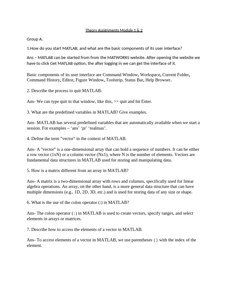 Theory Assignments Module 1&2 | PDF | Matlab | Matrix (Mathematics)