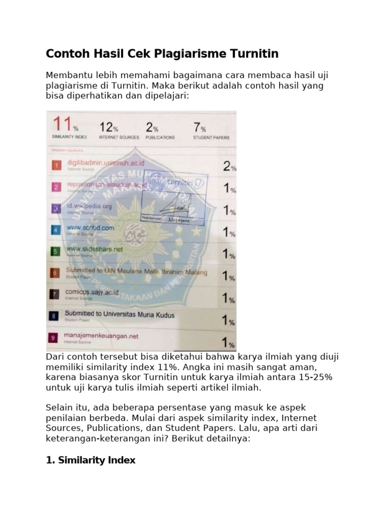 Contoh Hasil Cek Plagiarisme Turnitin | PDF