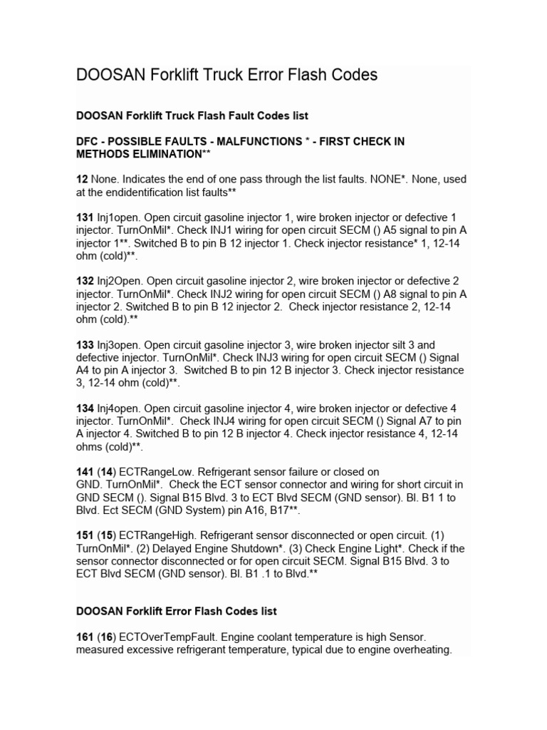 خطاهای اصلی دوو دوسان DOOSAN Forklift Truck Error Flash Codes | PDF