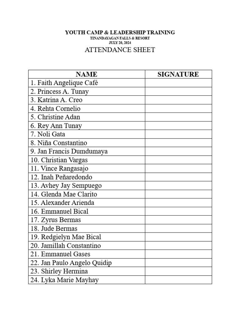 YOUTH CAMP Attendance Sheet | PDF