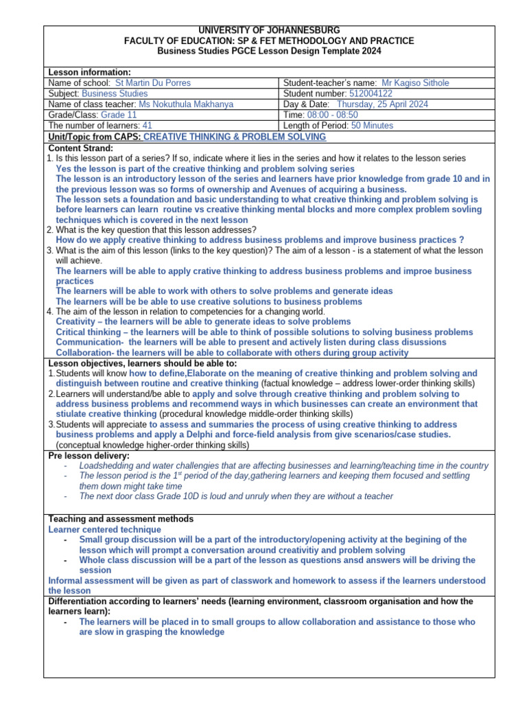 Business Studies PGCE Lesson Plan 2024 - Template | PDF
