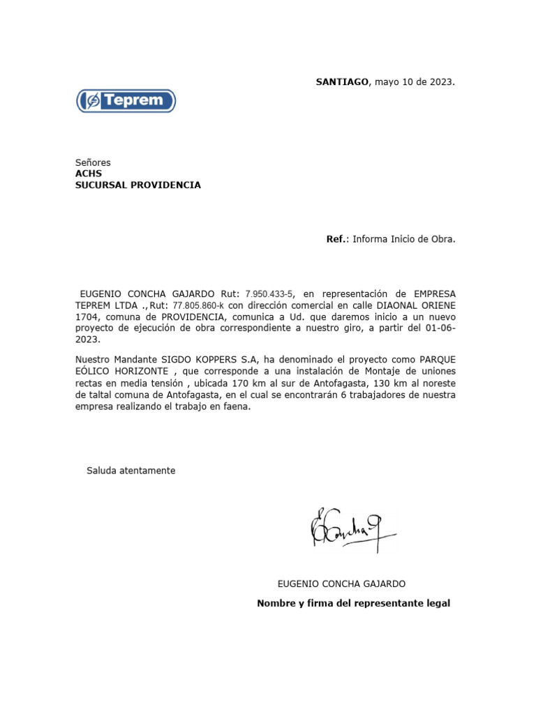 Carta Inicio de Achs PDF | PDF | Negocios | Derecho