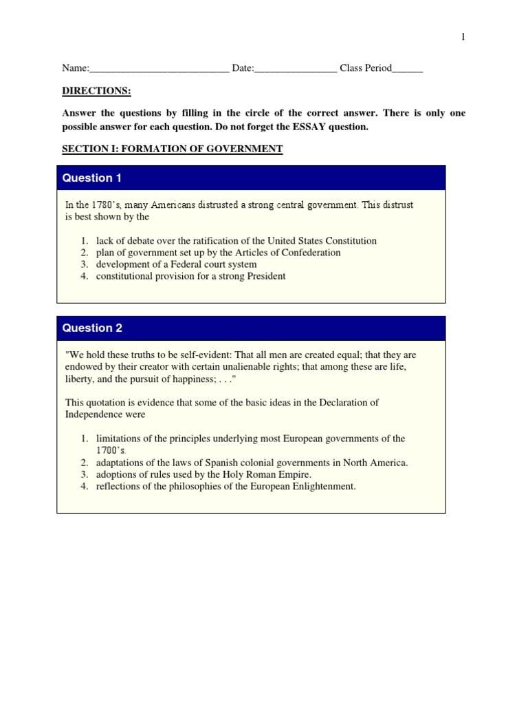 US Government Formation Quiz Questions | PDF | United States ...
