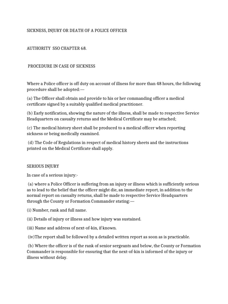 Death, Sickness and Injury To A Police Officer Sso Cap 68 | PDF