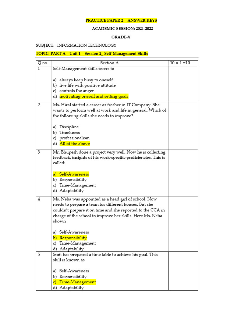 ANSWER KEYS - IT Sample 2 - Self Management Skills | PDF