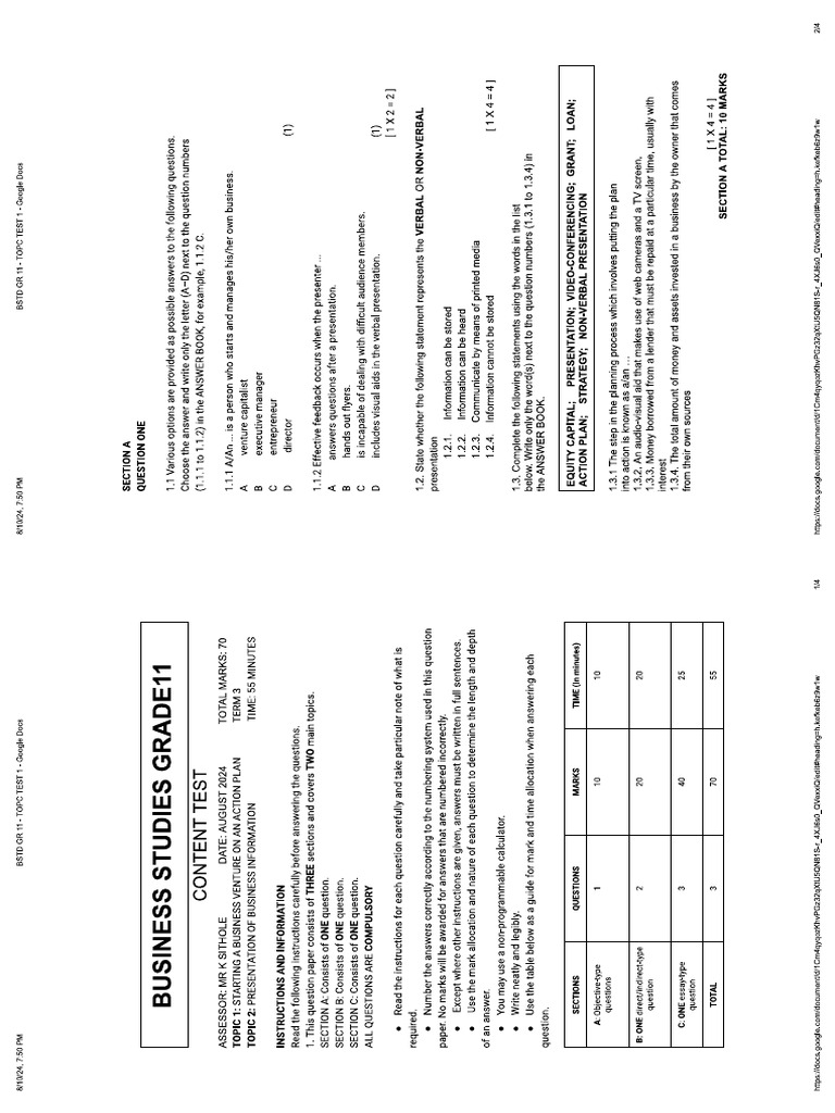 BSTD GR 11 Topic Test | PDF
