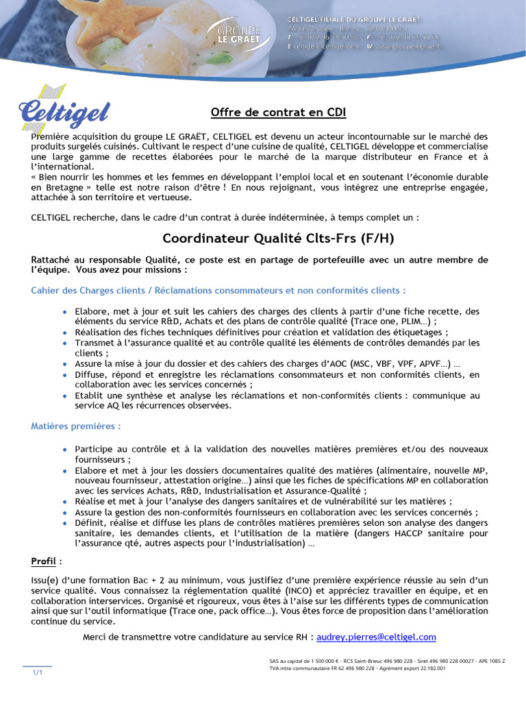 CELTIGEL Coordinateur Qualité Clts-Frs | PDF