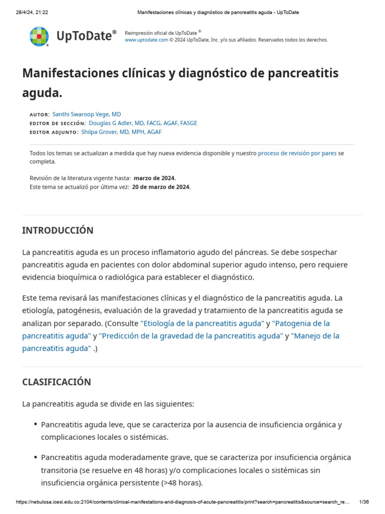 Manifestaciones Clínicas y Diagnóstico de Pancreatitis Aguda - UpToDate | PDF
