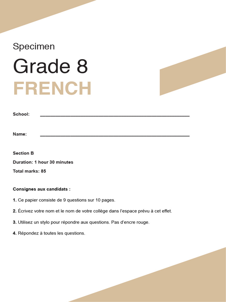 French - Specimen - Grade 8 Final V | PDF