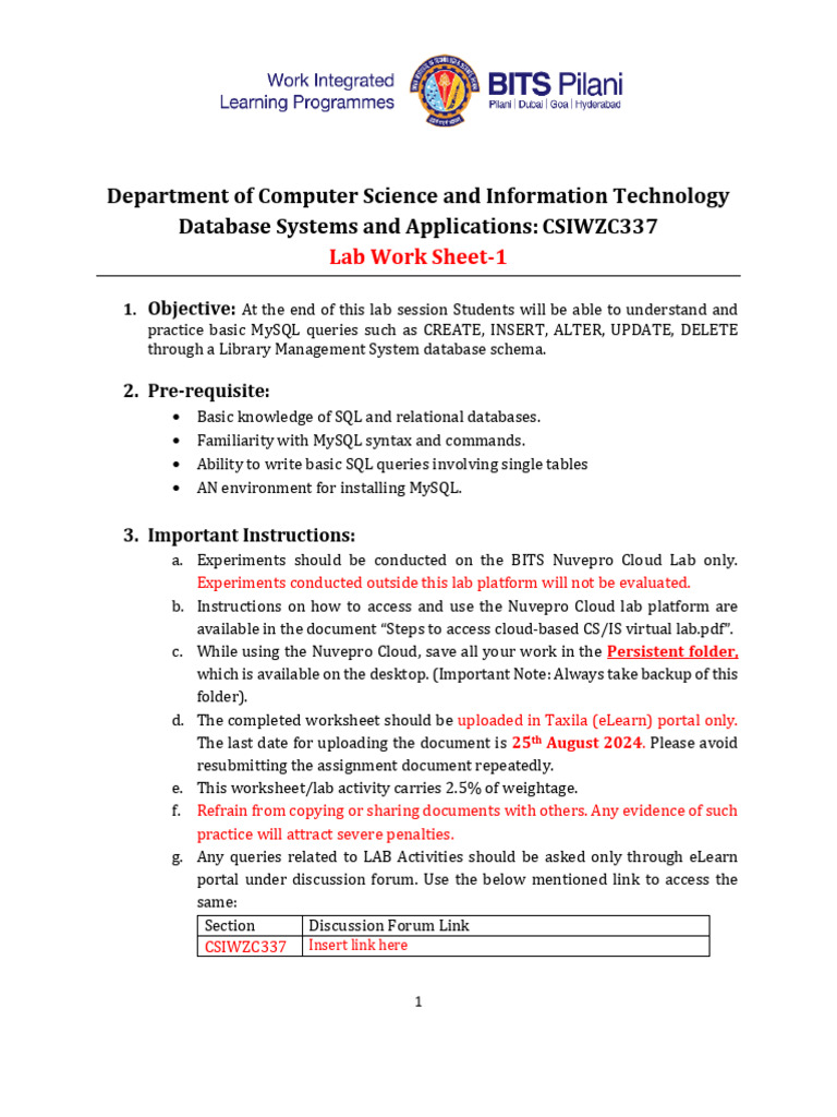 CSIWZC337 - DBSA - Lab Activity 1 | PDF