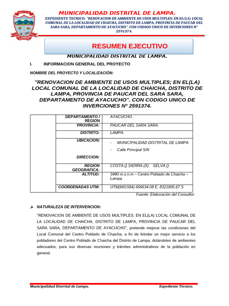 Resumen Ejecutivo Chaicha Lampa. | PDF