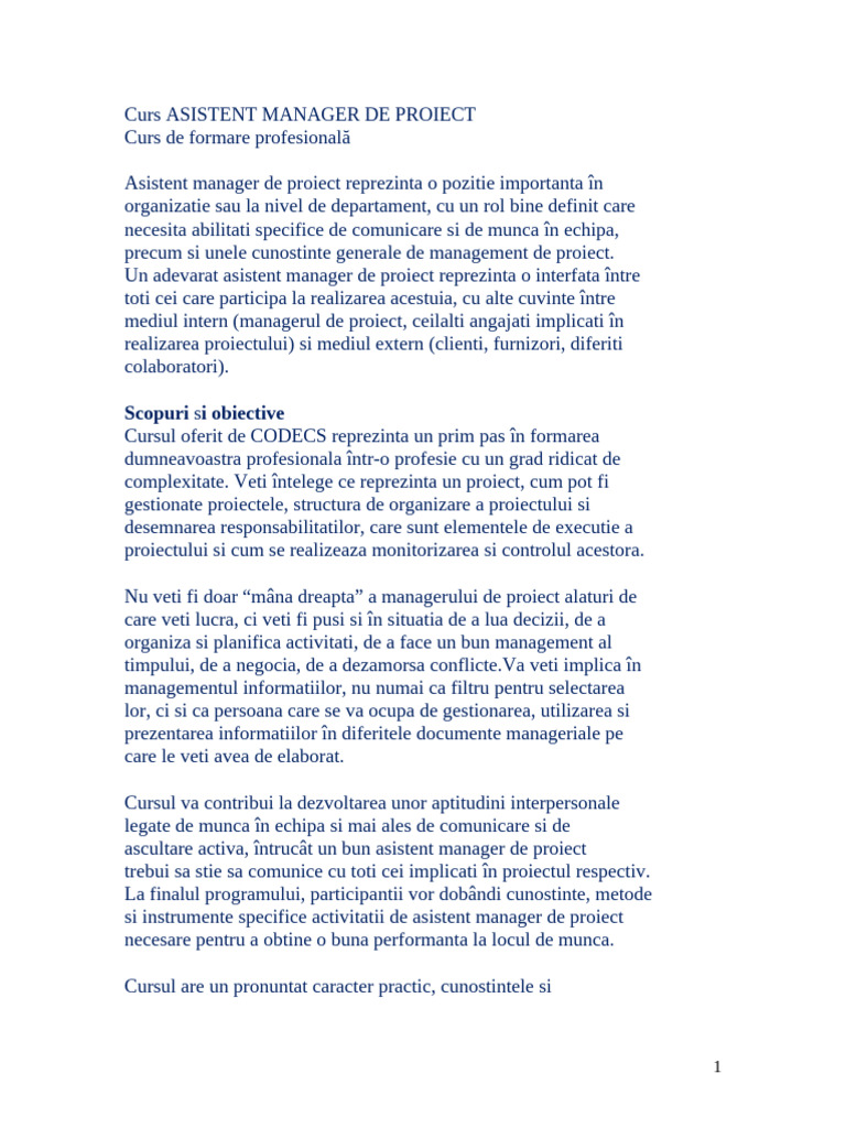 Curs ASISTENT MANAGER DE PROIECT Online Si Face To Face | PDF