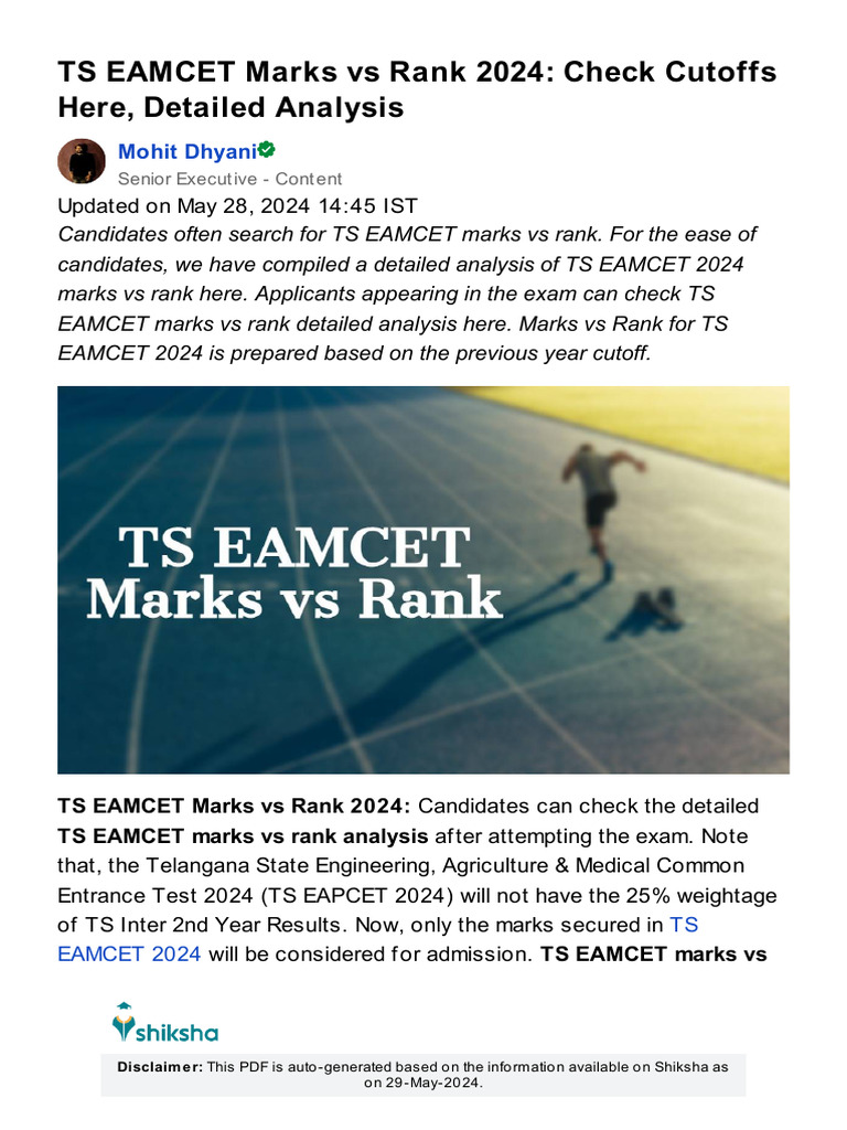 TS EAMCET Marks Vs Rank 2024: Check Cutoffs Here, Detailed Analysis | PDF