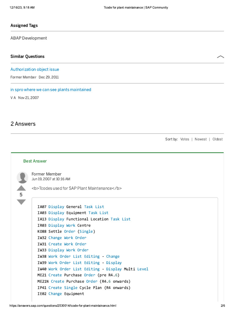 Tcode For Plant Maintainance - SAP Community | PDF