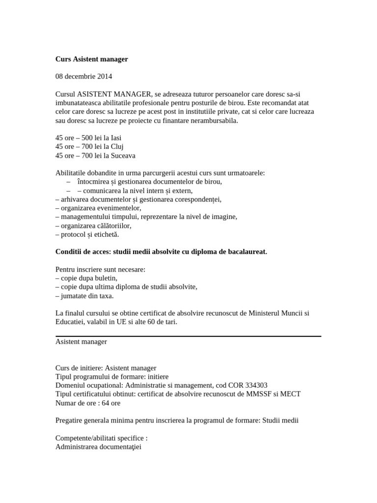 Curs Asistent Manager | PDF