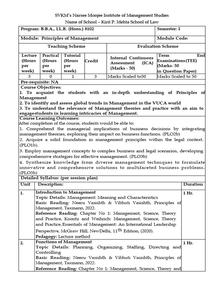 Sem I - Principles of Management B.B.A., LL.B. (Hons) - 2024-25 | PDF