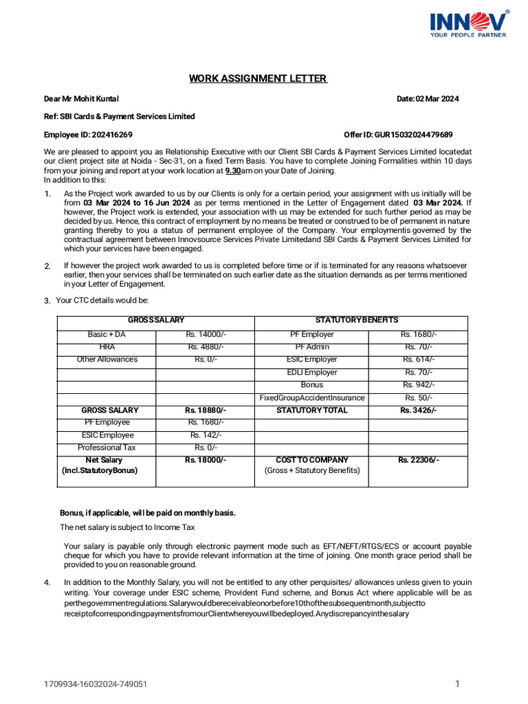 Work Assignment Letter | PDF