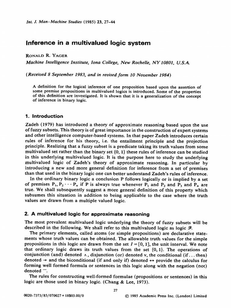 Inference in A Multivalued Logic System | PDF
