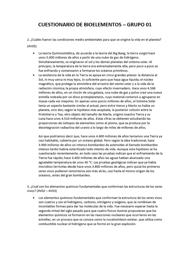 Cuestionario de Bioelementos - Grupo 01 | PDF