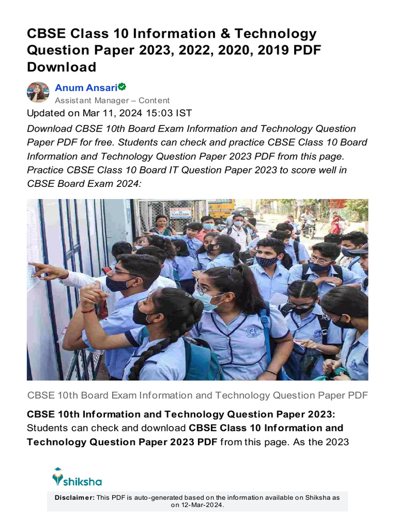 CBSE Class 10 Information & Technology Question Paper 2023, 2022, 2020 ...