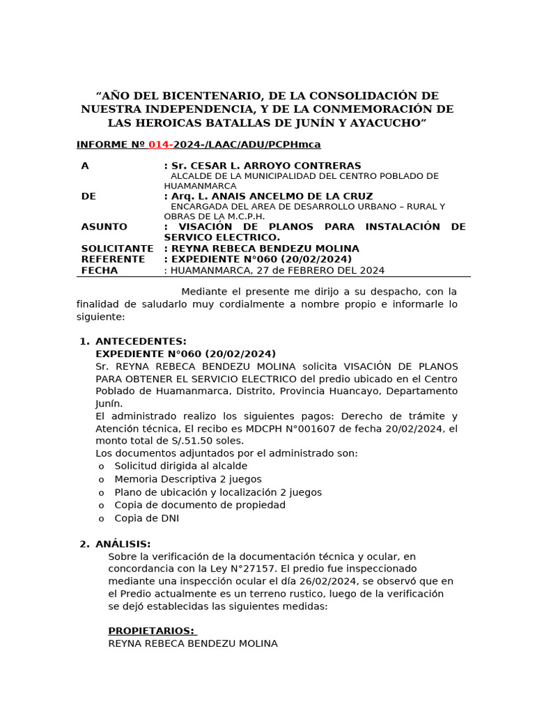 Informe 014 - Visación Reyna Rebeca Bendezu Molina | PDF
