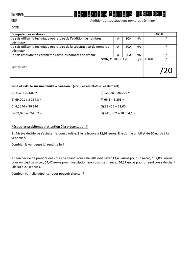 Éval 1 Math Calc Prob cm2 (Récupération Automatique) | PDF
