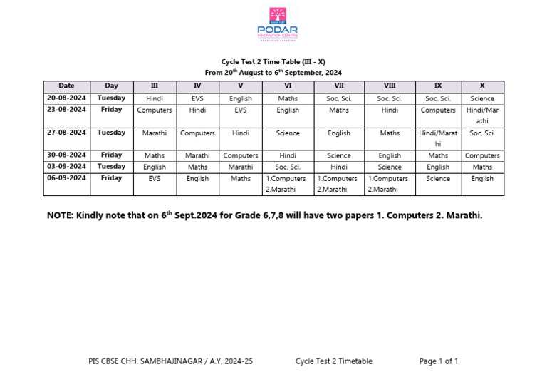 Cycle Test 2 Timetable 2024-25 | PDF