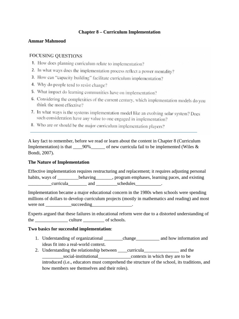 Chapter 8 Curriculum Implementation Notes Outline Pdf