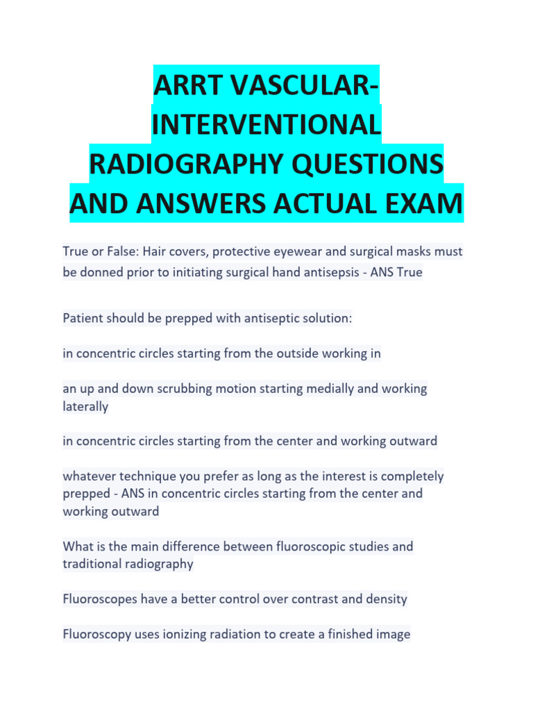 Arrt Vascular Interventional Radiography Questions and Answers Actual ...