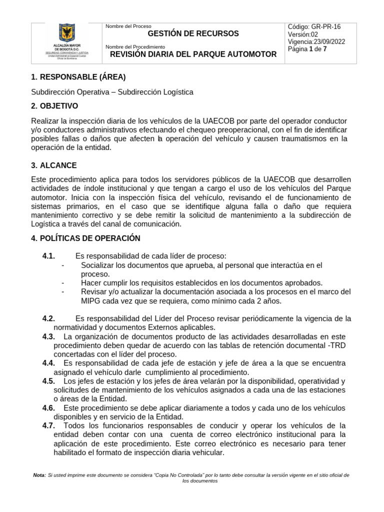 GR-PR16 Revisión Diaria de Parque Automotor - V2 | PDF | Logística | Tecnología