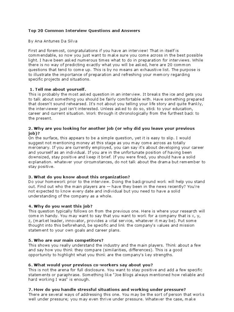 Top 20 Common Interview Questions and Answers | PDF | Question | Interview