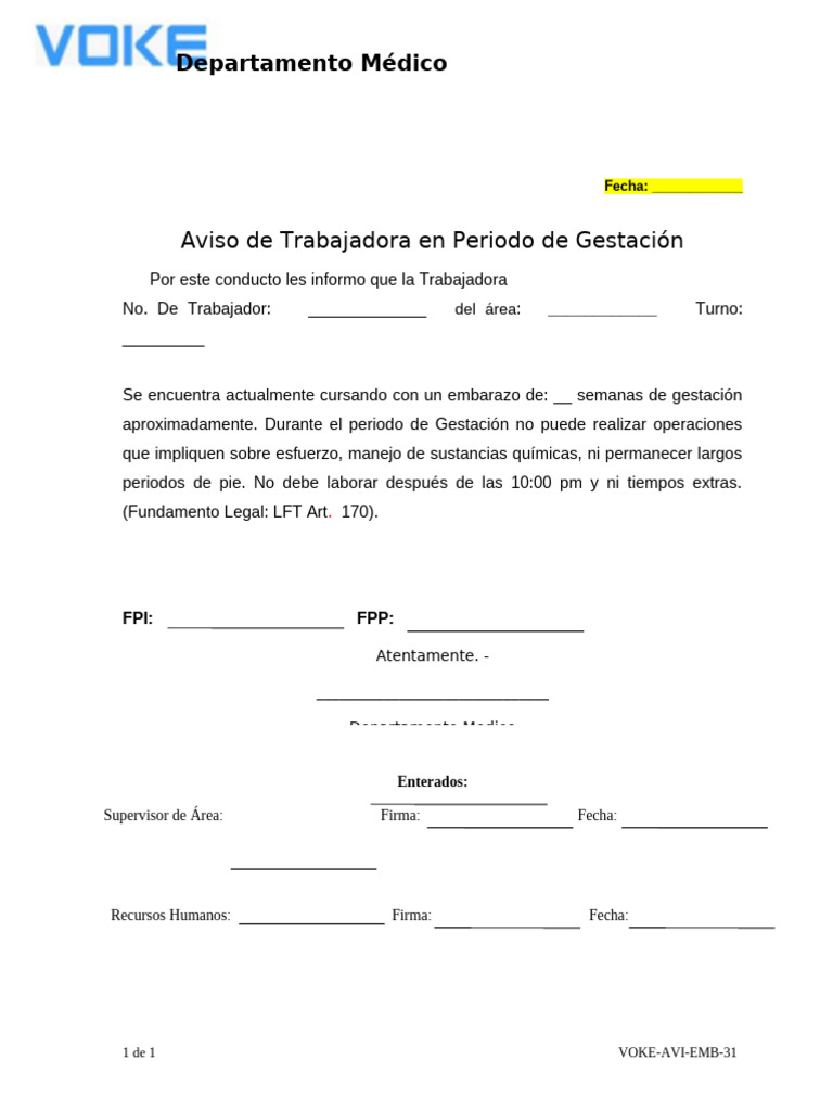 VOKE-AVI-EMB-31 Aviso de Trabajadora en Periodo de Gestacion | PDF