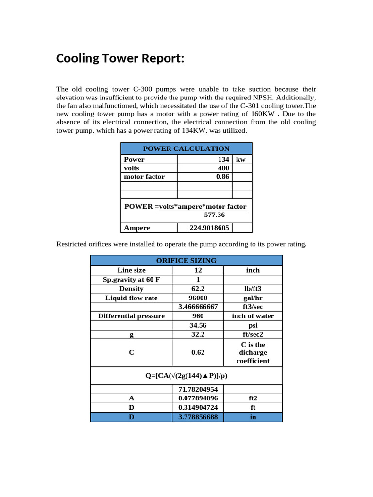 Cooling Tower Report | PDF | Pump | Flow Measurement