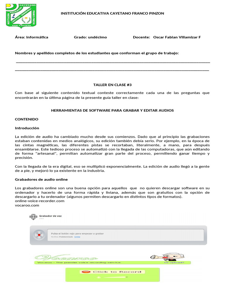 D. Taller en Clase #3 - Tecnología e Informática - Primer Período - Grado Undécimo - Grupos A ...