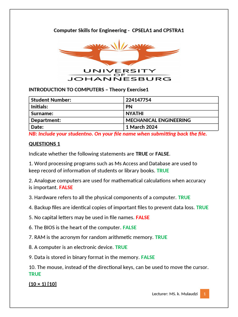 Introduction To Computers Theory Exercise1 - Sem1 2024 224247754 | PDF