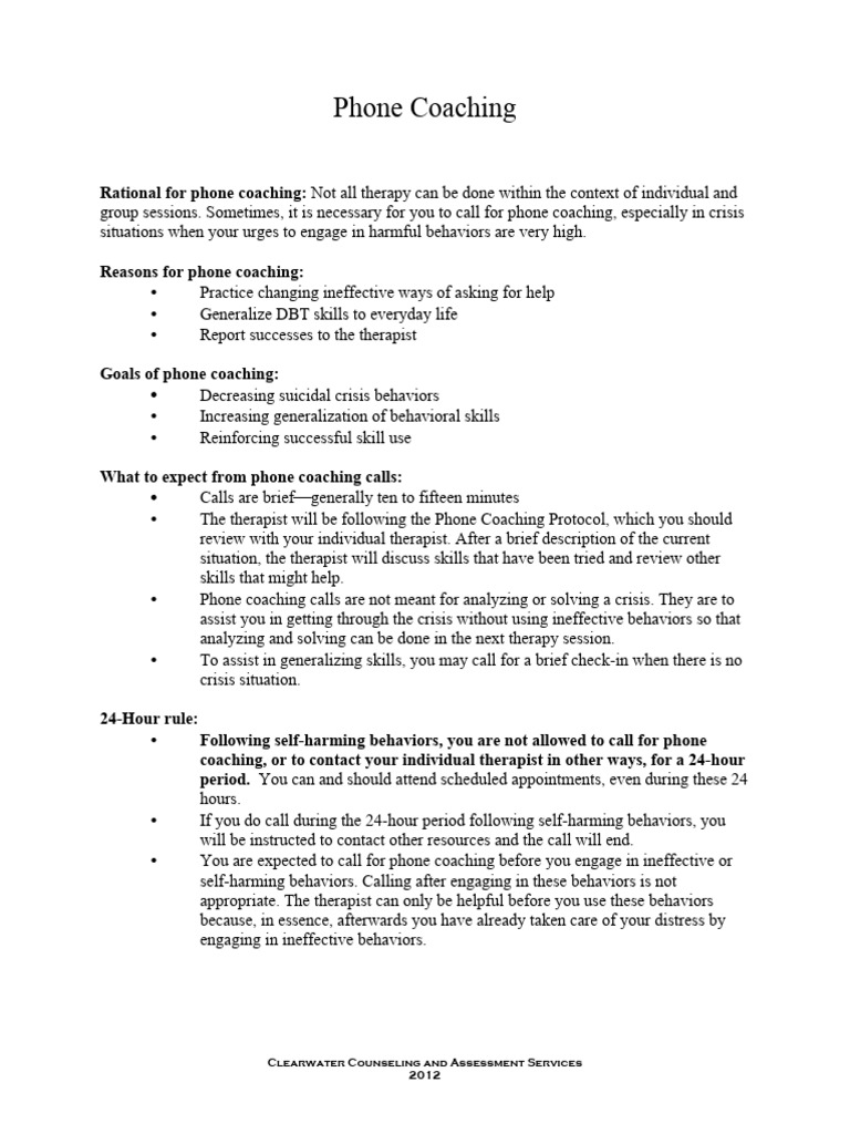 Phone Coaching Agreement | PDF | Psychotherapy | Dialectical Behavior ...