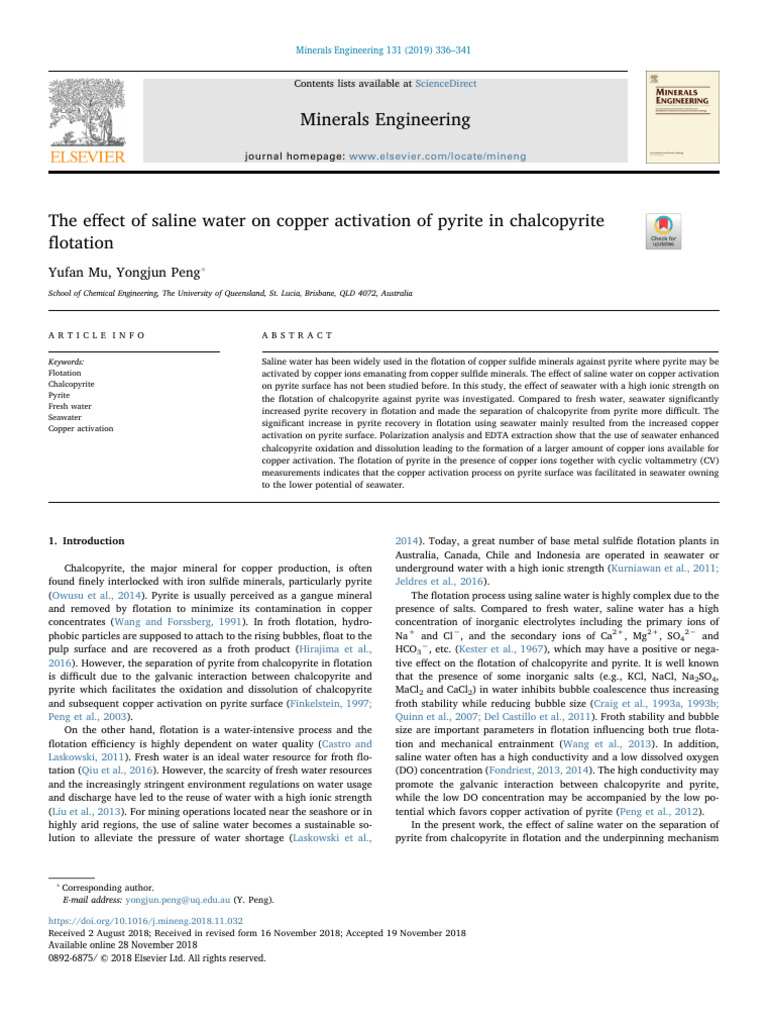 Saline Water On Copper Activation of Pyrite in Chalcopyrite Flotation - Mu and Peng, 2019 | PDF